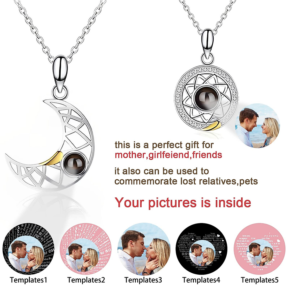 YESTIME Custom Necklace with Picture Inside - Picture Necklace Personalized Photo, Personalized Projection Necklace for Women, Anniversary Memorial Gift for Her/Women/Mom/Couple