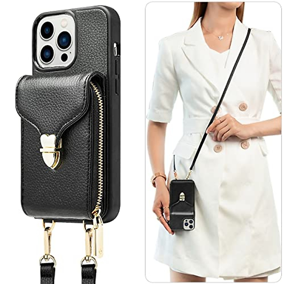 JLFCH ROMIELA Series iPhone 14 Pro Wallet Case, Crossbody Chain Strap Case Zipper Leather Purse RFID Blocking with Card Holder Lanyard Women Protective for Apple iPhone 14 Pro, 6.1 inch - Black