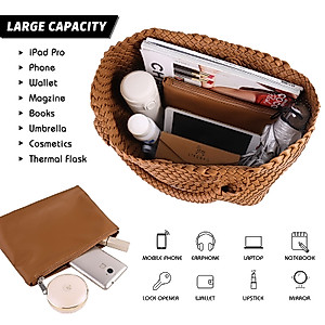 Brown Vegan Leather Woven Tote Bag for Women - Large Beach Bag with Small Purse, Handmade Top-handle Travel Handbag