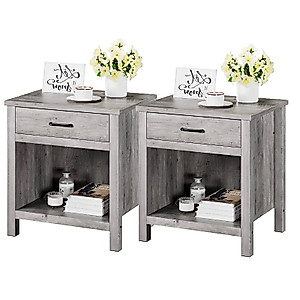 GAOMON Rustic Grey Nightstands Set of 2, Farmhouse End Table Beside Table with Storage Drawer, Modern Night Stand for Bedroom, Wood Side Table for Living Room, College Dorm