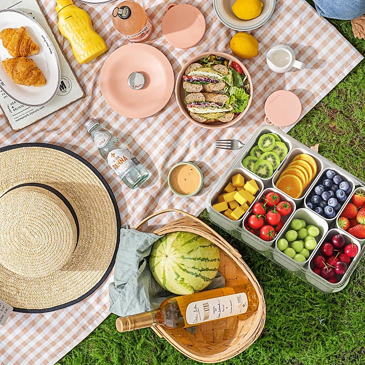 2Pcs Divided Serving Tray with Lid and Handle, Clear Snack Travel Storage Container, Multi Grid Food Storage Container for Parties, Fruits, Nuts, Candies, Travel, Picnics (8 compartments)