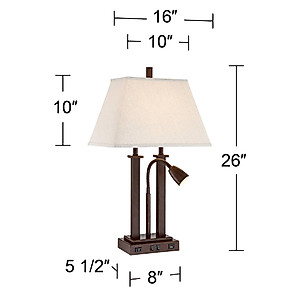 Possini Euro Design Deacon Modern Desk Table Lamp with USB and AC Power Outlet in Base Gooseneck LED 26" High Bronze Rectangular Linen Shade for Living Room Bedroom House Bedside Nightstand Home