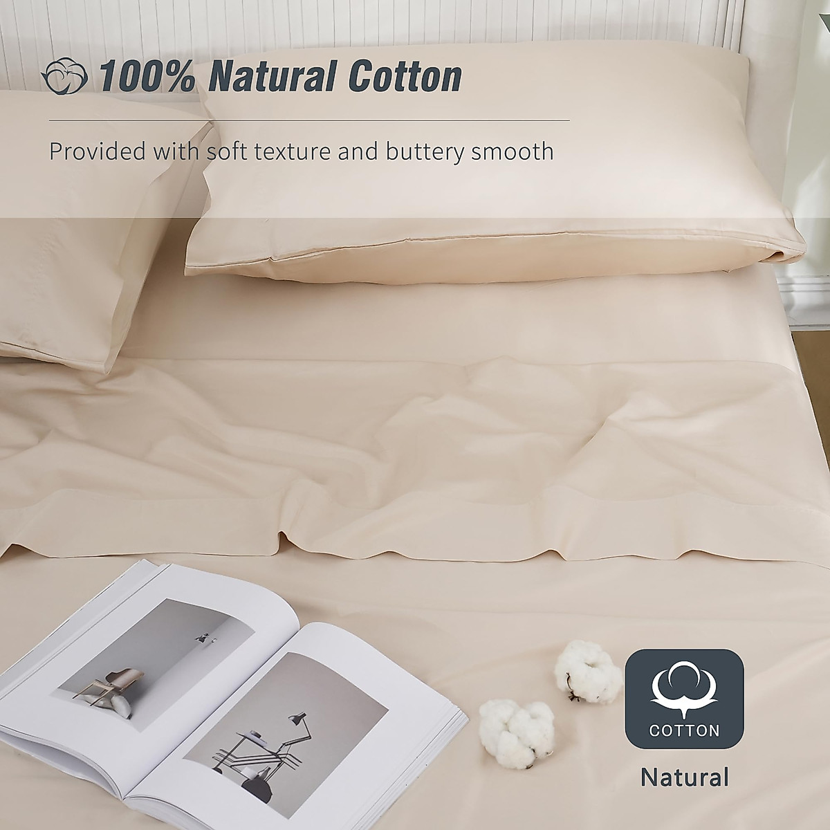 DOWNCOOL Queen Sheet Set - 100% Cotton Sheets Queen Size Set, 400 Thread Count Sateen, 16" Deep Pocket Queen Sheets, Silky Soft & Breathable Queen Bed Sheets, 4-Piece Hotel Luxury Beige Sheets Set