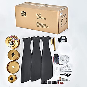 52" Outdoor Ceiling Fan with Light and Remote, Black Gold Ceiling Fan Light with Quiet DC Motor and 3 Solid Blades Noiseless Reversible Fan for Bedroom, Patio, 6-Speed Timer