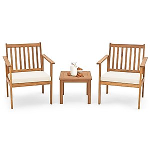 Tangkula 3 Pieces Patio Wood Furniture Set, Acacia Wood Chairs and Coffee Table Set with Soft Cushions, Slatted Design, Outdoor Furniture Set for Porch, Yard, Balcony (White)