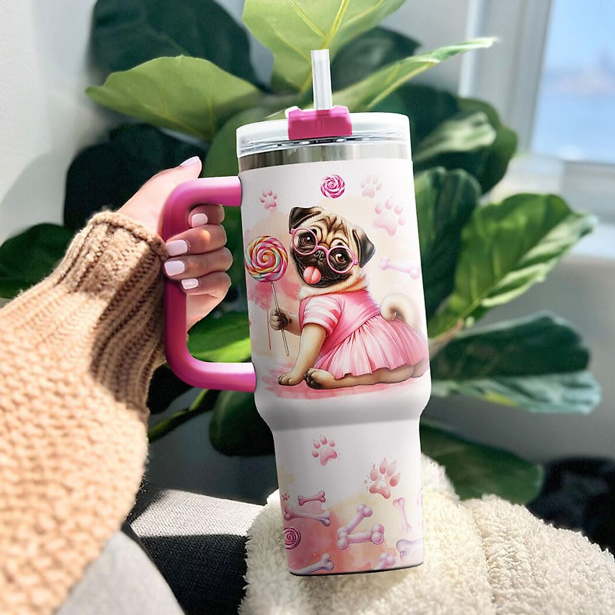 99WHALE Dog Mom Gifts, Quartz Camelia Adults Yellow Women Parade Coffee Handle Simple Hot Cups Worlds Primrose, Funny Pug Dog Nutrition Facts, Tumbler 40 Oz With Handle Lid And Straw