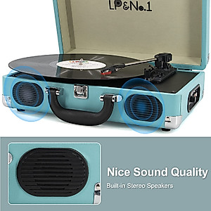 LP&No.1 Portable Suitcase Turntable with Stereo Speaker,3 Speeds Belt-Drive Vinyl Record Player,Classic Blue