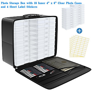 Fireproof Safe Photo Storage Box with 18 Inner 4" x 6" Clear Photo Cases, Portable Photo Organizer with Lock for Picture, Collapsible Photo Container with Handle and 18 Boxes 4 Sheet Label Stickers