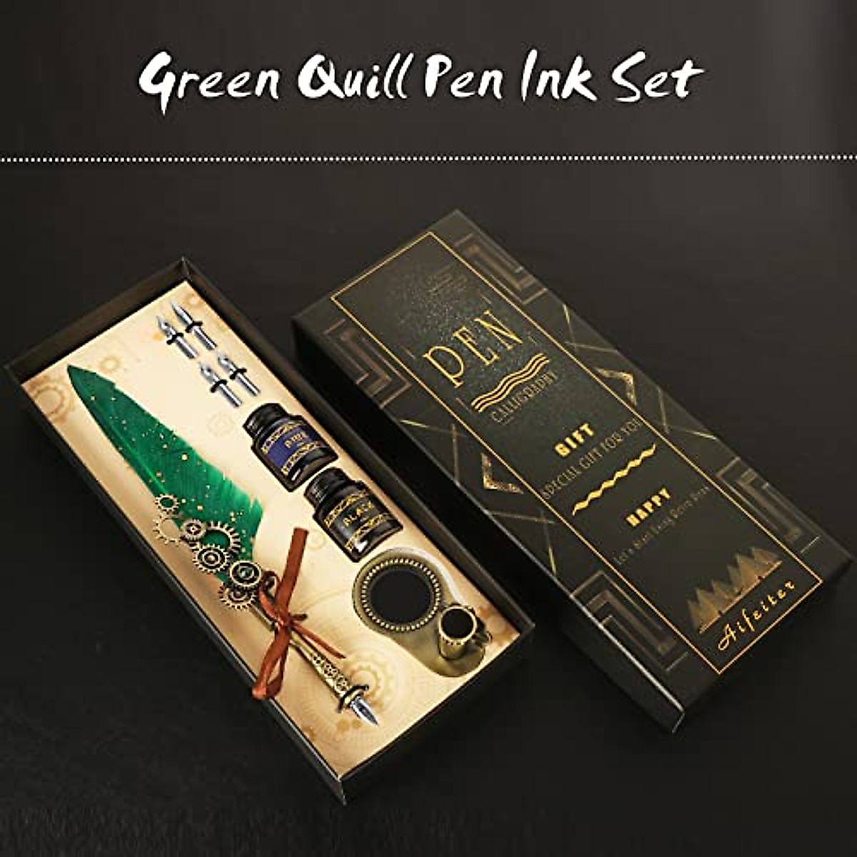 Aifeiter Quill Pen ink Set,Calligraphy Pen Set,Calligraphy Pen for Writing,Christmas Gift for Handwriting Lovers Birthday Gift,Luxury Vintage Signature Pen-Green