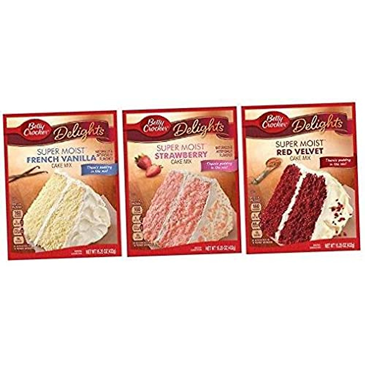 THREE (3) Cake Bundle Super Moist French Vanilla Cake, Super Moist Red Velvet Cake, Super Moist Strawberry Cake, Lot Set of 3 Items "There's Pudding in the mix!" Cake Mix .2 pack