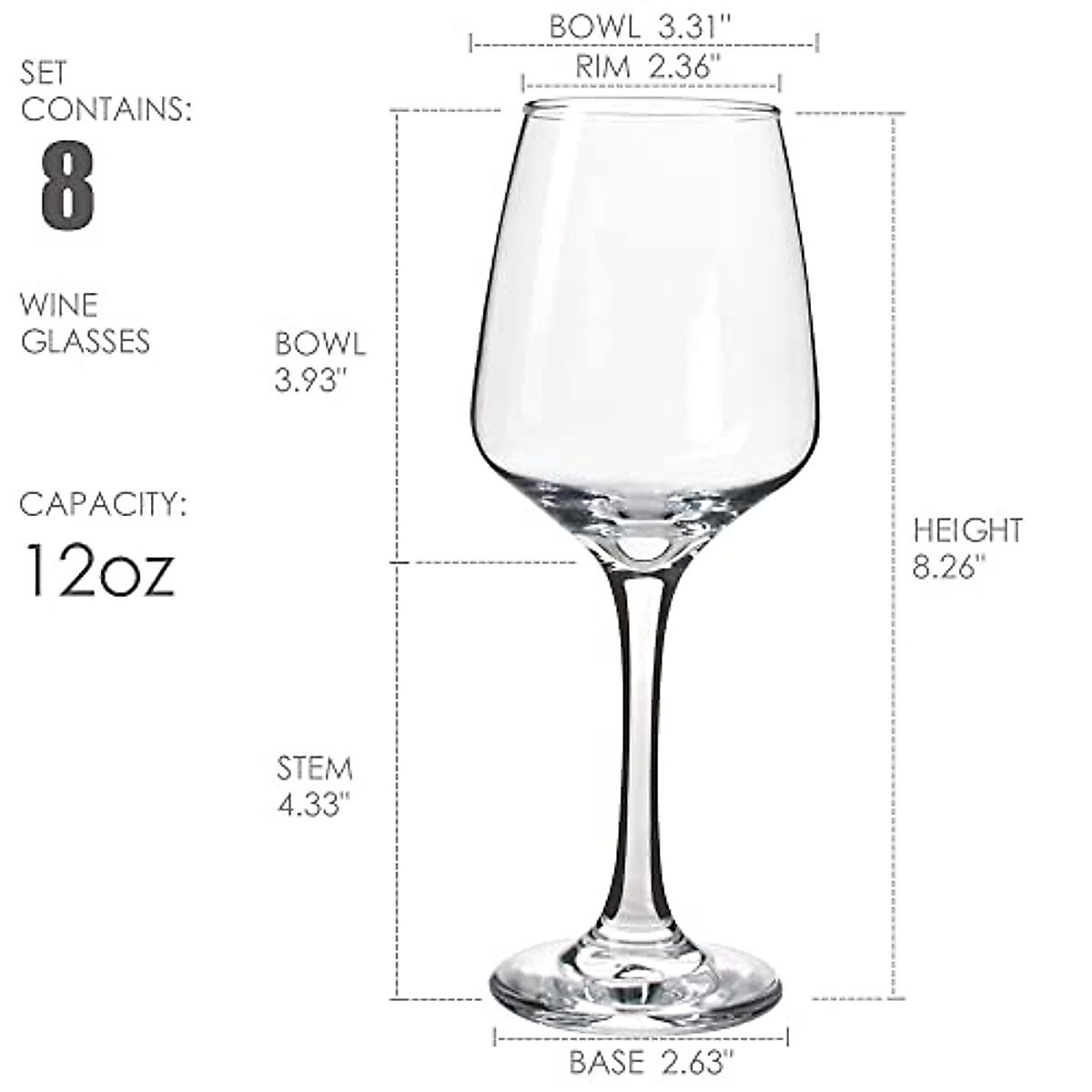 Wine Glasses Set of 8, 12 Oz Classic Red or White Wine Glass with Stem, Perfect for Home, Restaurant Use, Dishwasher Safe