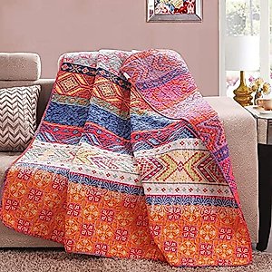 Exclusivo Mezcla Cotton Boho Stripe Quilted Throw Blanket, Reversible Colorful Printed Paisley Quilt Blanket, 50X60 Inch, Machine Washable and Dryable, Pink