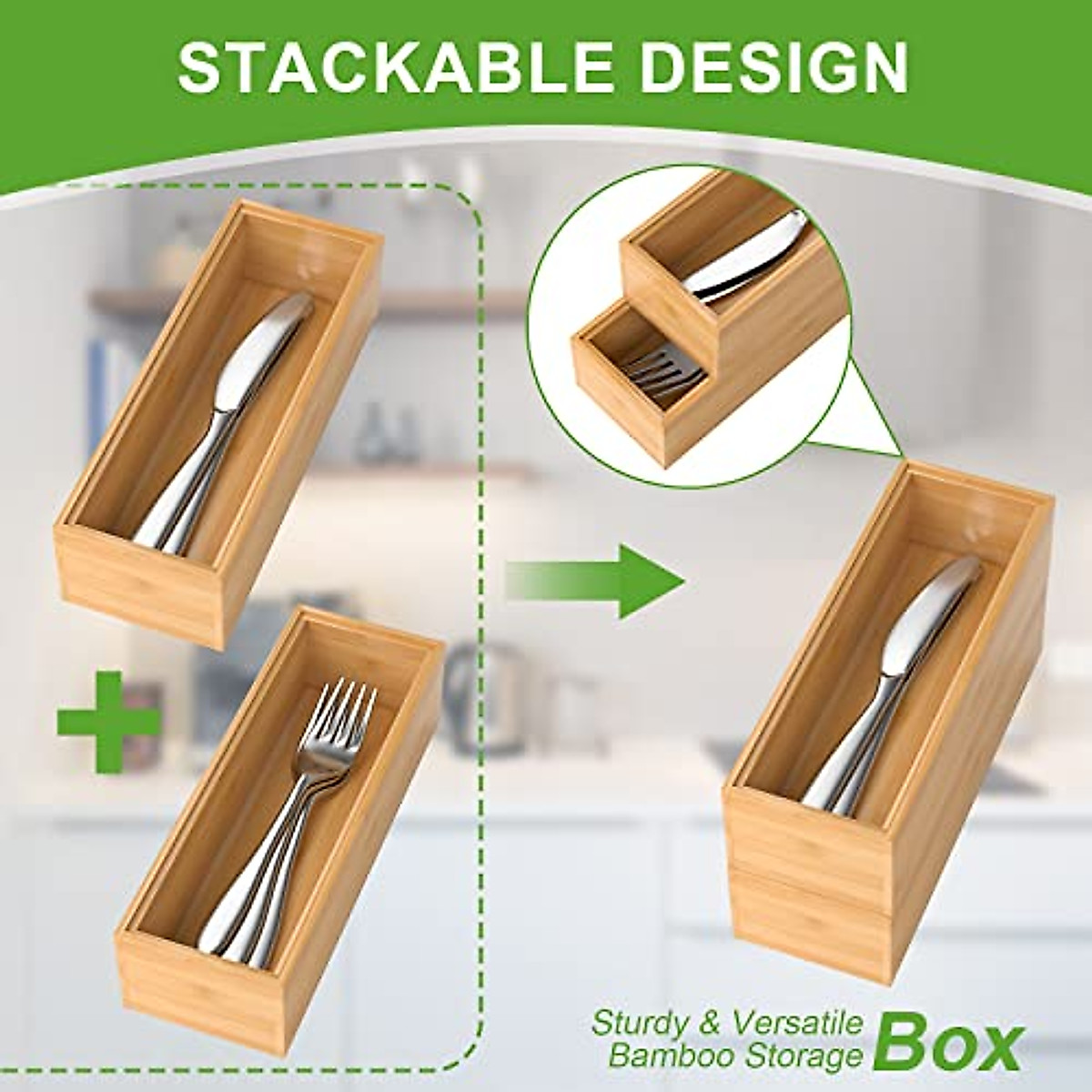 Lixple Bamboo Drawer Organizer - Set of 2, Stackable Storage Box, Silverware Tray for Drawer, Small Gadgets Holder 9” x 3” x 2”