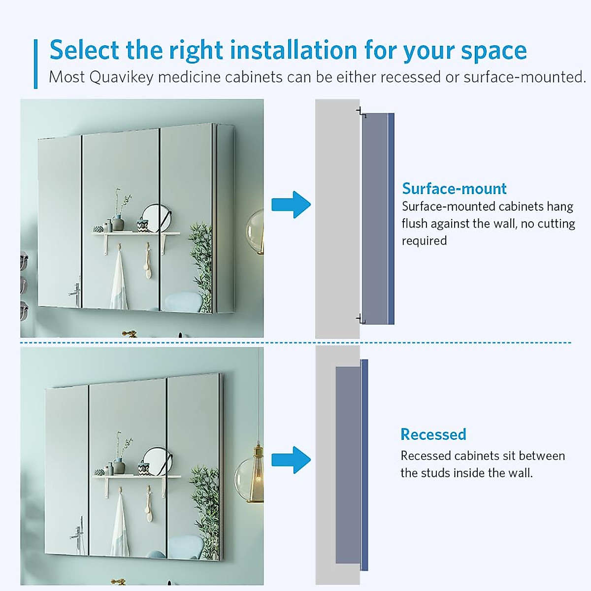 Quavikey Aluminum Medicine Cabinet with 3 Doors Recessed or Surface Mount Large Bathroom Mirror Cabinets 36x26 Inch, Silver