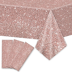 gisgfim 3pcs Pink Rose Golden Birthday Party Tablecloths Rose Gold Sequin Plastic Table Cover Glitter Diamonds Happy Birthday Background Girls for Wedding, Graduation, Anniversary, Holiday(Plastic)