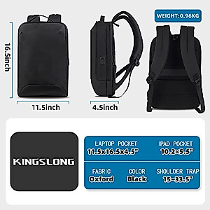 KINGSLONG 15.6-16 inch Slim Laptop Backpack for Men,Lightweight Waterproof Travel Computer Bag with USB Port Black
