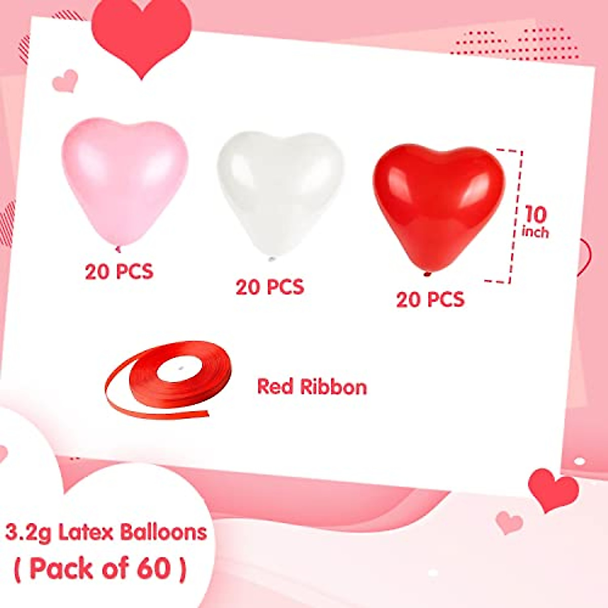 60 Pieces Love Heart Balloons Red Pink White Latex Heart Balloons for Valentines Day Wedding Anniversary Engagement Birthday Garden Company Celebration Graduation Prom Party Romantic Decoration