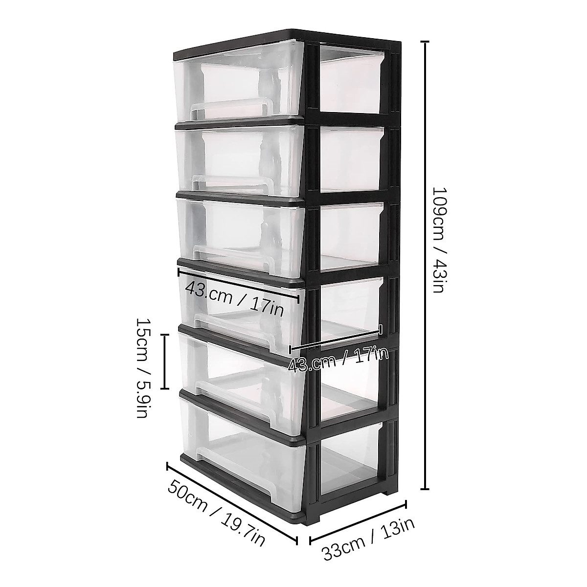 LINISHOP 6-Tier Rolling Storage Cart Rectangle Rolling Storage Cabinet Organizer Books Documents Storage Foldable Drawer Shelves Unit Rack with 4 Wheels for Home Office PP 19.7*13*43in (Black+Clear)