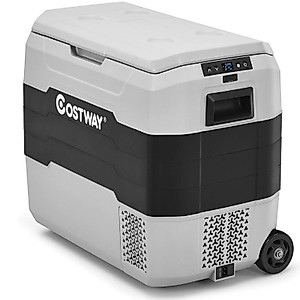 COSTWAY Car Refrigerator with Wheels, 53-Quart Dual-zone Electric Cooler with Telescopic Handle, 12V/24V DC, 100-240V AC, -4°F To 50°F, Portable Fridge Freezer for RV Camping Travel Home, Grey+Black