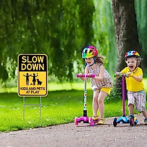 Eyoloty Slow Down Sign with H Stake,16"x12" Kids & Pets at Play Sign for Street Neighborhoods,Double Sided Children Playing Safety Sign,Waterproof,Fade Resistant,Kids Playing Sign for Street 3 Pack