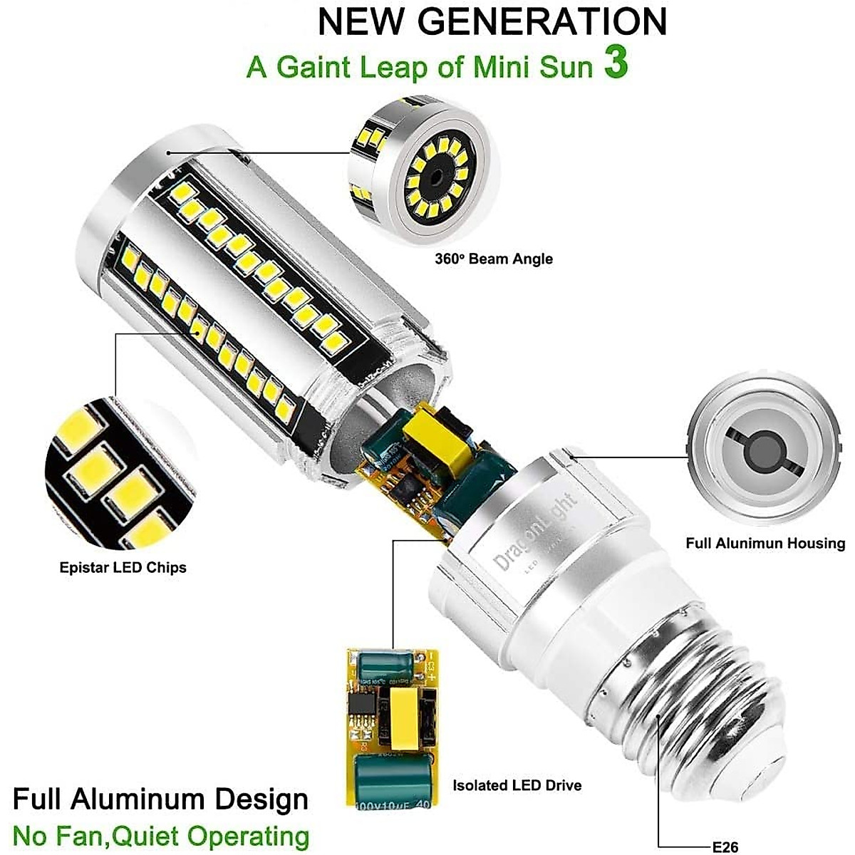 DragonLight 15W Super Bright LED Corn Light Bulbs Fanless(150 Watt Equivalent) - 6000K Daylight 1,800 Lumens E26 Base for Residential and Commercial Lighting - Garage Porch Office, Pack of 4