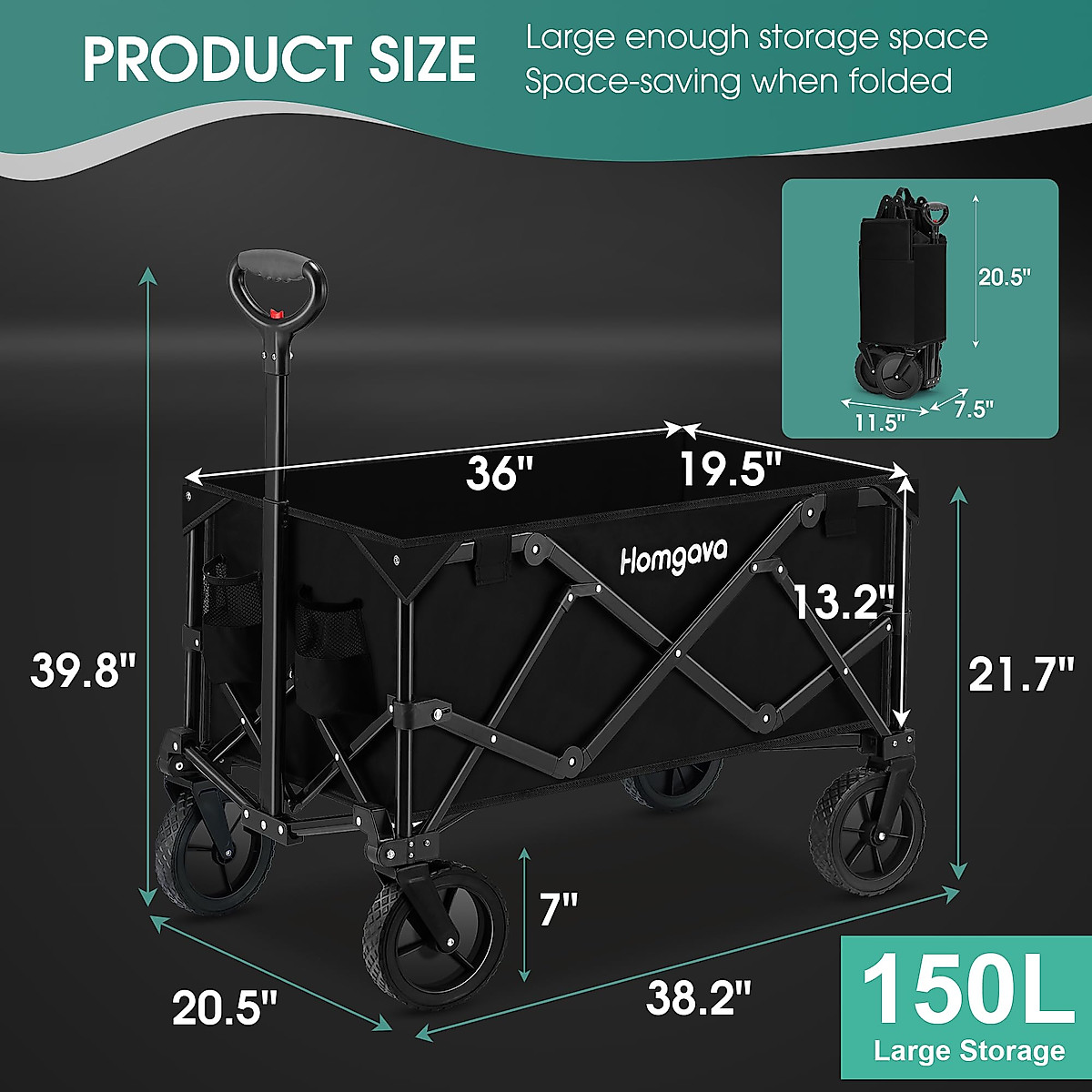 Homgava Collapsible Folding Wagon Cart 150L, Heavy Duty Garden Cart with All Terrain Wheels,Portable Large Capacity Utility Wagon Cart for Camping Fishing Sports Shopping,Black