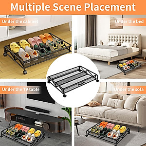 Under Bed Shoe Storage Organizers with Wheels and Handles 2 PACK,Rolling Under Bed Storage Containers for Shoes Mesh Fabric and Carbon Steel Pipe Shoe Organizer Under Bed Shoe Rack Fits 12 Pairs Shoes