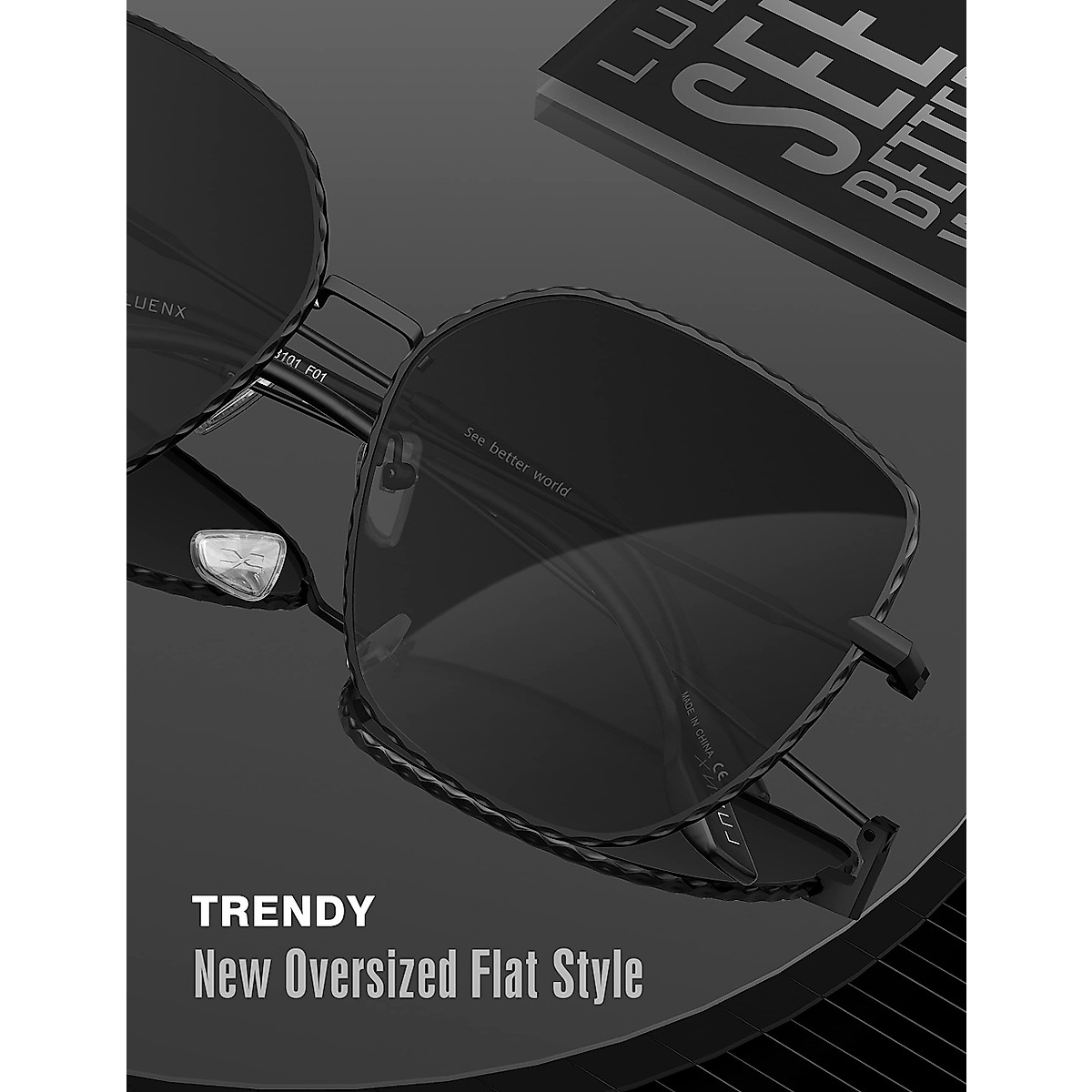 LUENX Trendy Square Oversized Women Aviator Sunglasses - Polygon Flat Three dimensional Rhombic Loop Wire Black Frame PC Grey Lens
