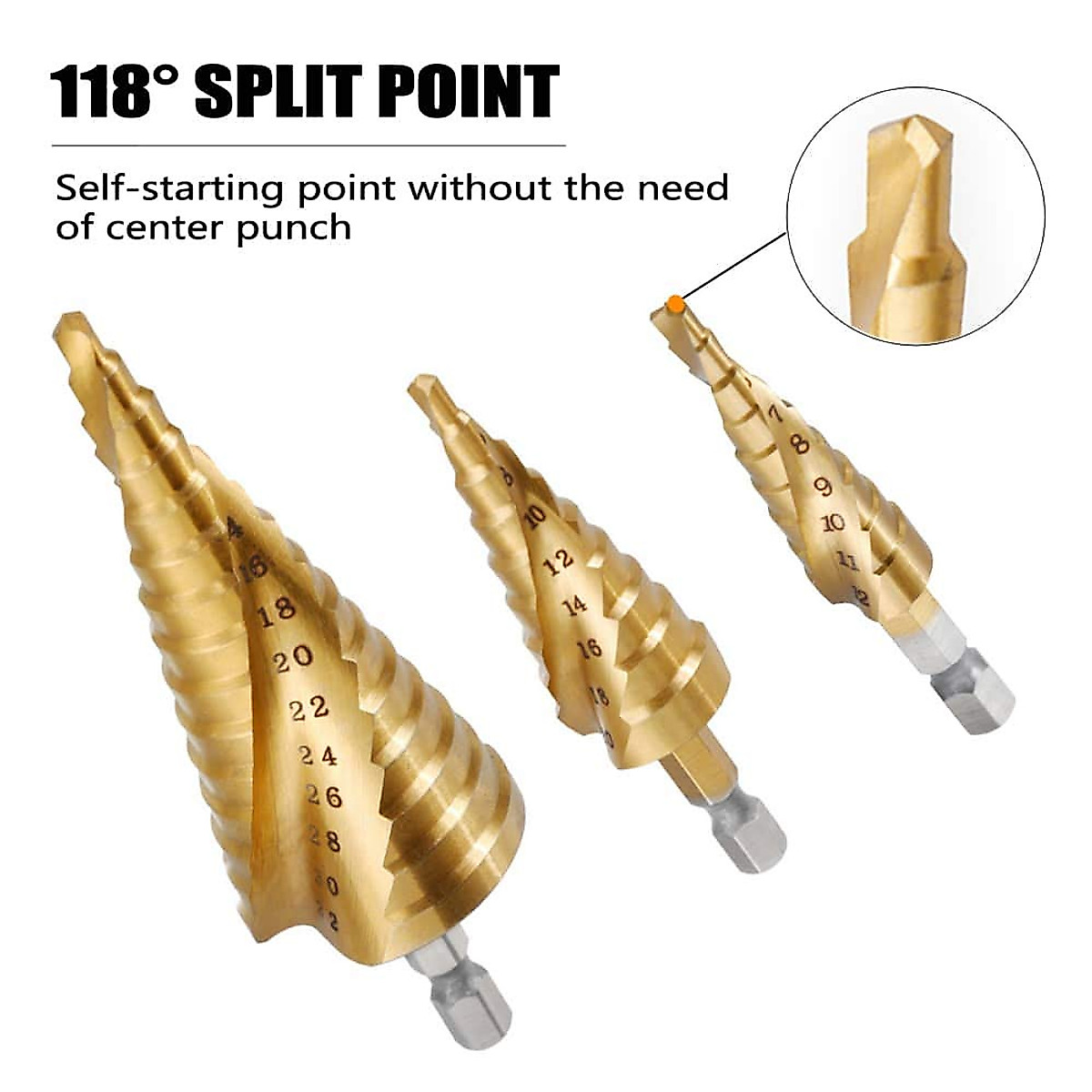 Hymnorq Metric Titanium Coated HSS Spiral Groove Step Drill Bit Set of 3pcs 4-12/4-20/4-32mm with 1/4" Hex Shank Packed in Reusable Case for Cutting Holes in Iron Plate Aluminum Plate, etc.