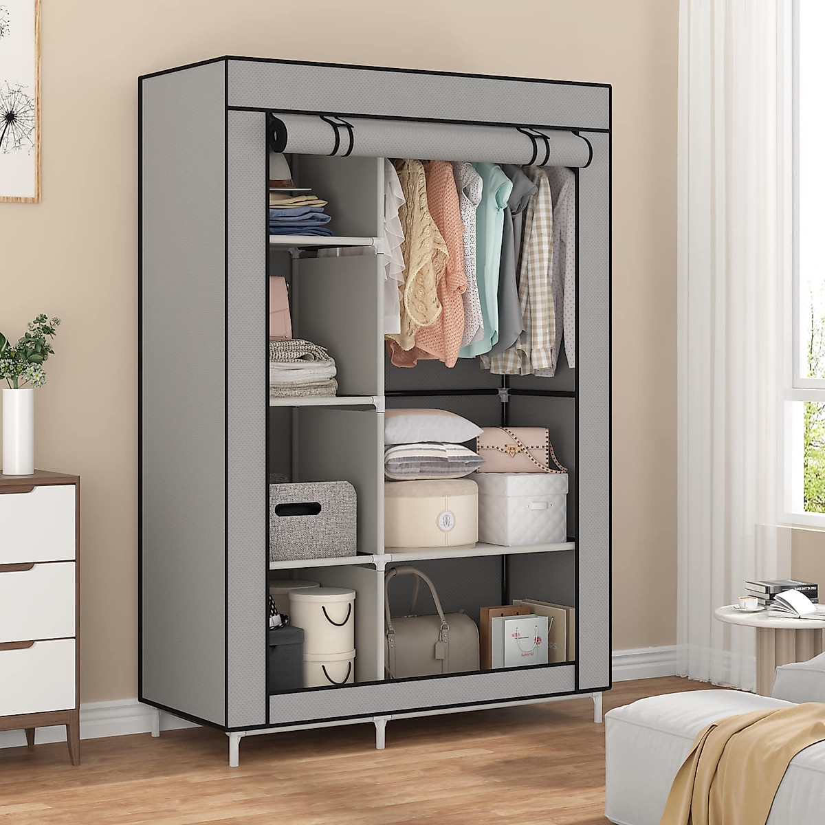 Calmootey Closet Storage Organizer,Portable Wardrobe with 6 Shelves and Clothes Rod,Non-Woven Fabric Cover with 4 Side Pockets,Grey