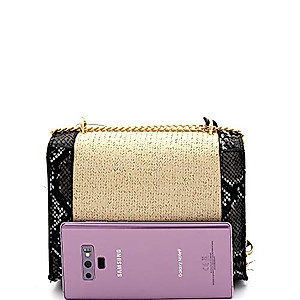 Small Medium Straw Boho Bali Beach Rattan Clutch Satchel Crossbody Bag Purse (Small Snake Print Trim Crossbody - Black Snake)