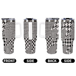Niapessel Leak Proof Tumbler, Insulated Water Bottles with Straw, Houndstooth Black White Insulated Cup with Handle 40 Oz Stainless Steel Flask for School, Travel, Car, Sports, Work