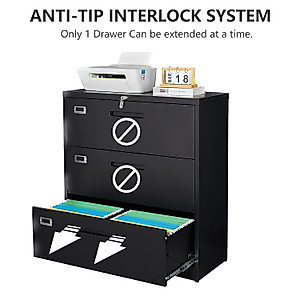 LISSIMO Lateral File Cabinet with Lock, 3 Drawer Metal Storage Filing Cabinet for Hanging Files Letter/Legal/F4/A4 Size, Vertical Files for Home Office (Black)