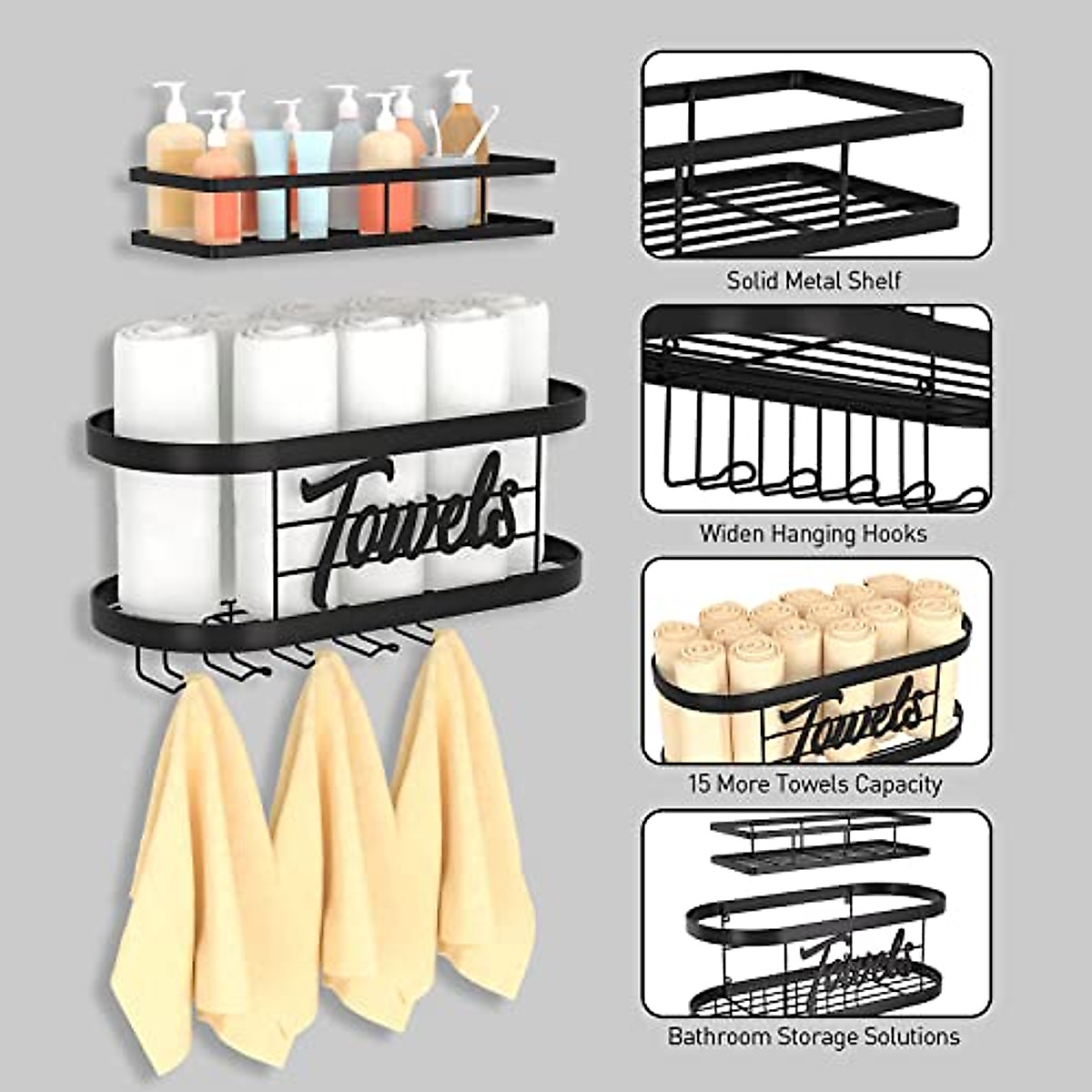 Towel Rack for Bathroom, Towel Holder with 5 Towel Hooks Wall Mounted, Bathroom Towel Storage Holder with Shelf for Large Towels, Washcloths, Hand Towels, Shower Towel, Bathroom Decor, Metal, 2 Pack