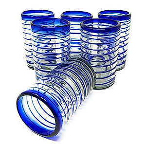 Hand Blown Mexican Drinking Glasses – Set of 6 Glasses with Cobalt Blue Spiral Design (14 oz each)