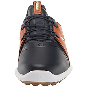 PUMA Men's Ignite Fasten8 Crafted Golf Shoe, Navy Blazer/Gold/Leather Brown, 9.5