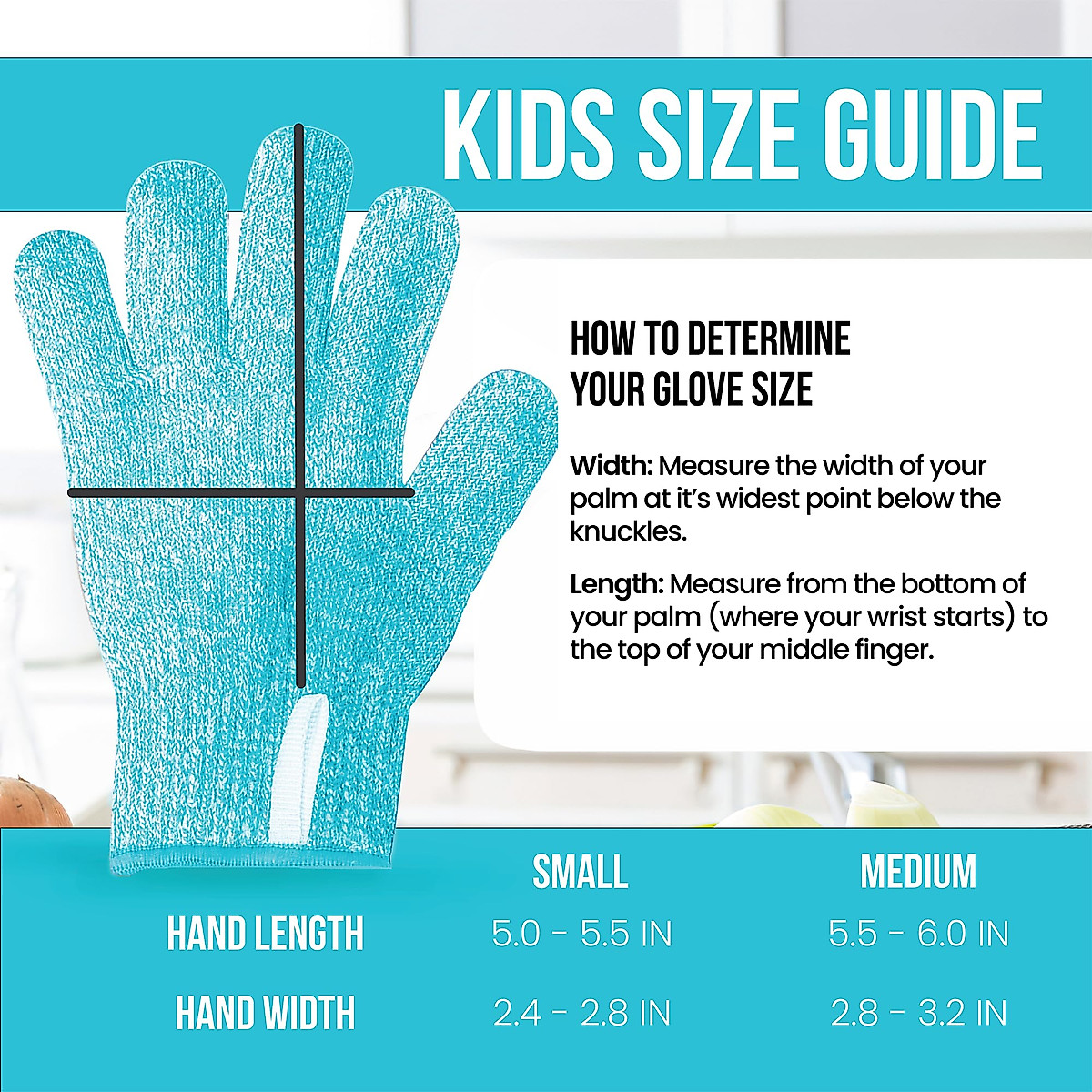 TruChef Kids Cut Resistant Gloves (Ages 4-8) - Aqua - Maximum Kids Cooking Protection| Safe hands from Real Kitchen Knives and Tools