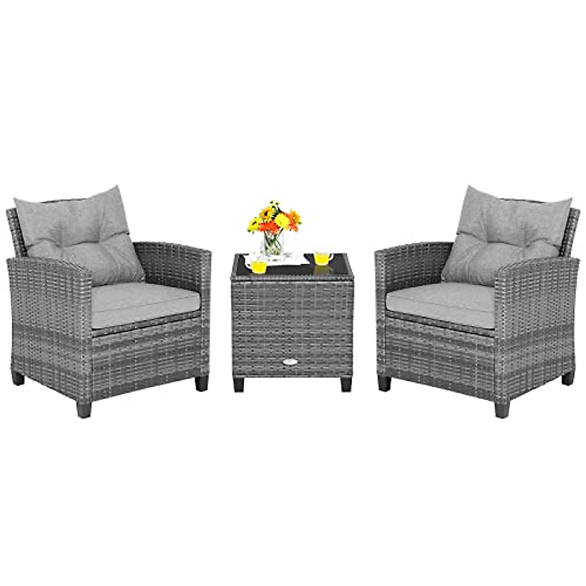 Tangkula 3 Pieces Patio Furniture Set, Outdoor PE Rattan Conversation Chair Set with Tempered Glass Side Table and Removable Cushions, PE Wicker Chairs and Table Set for Porch, Balcony and Garden