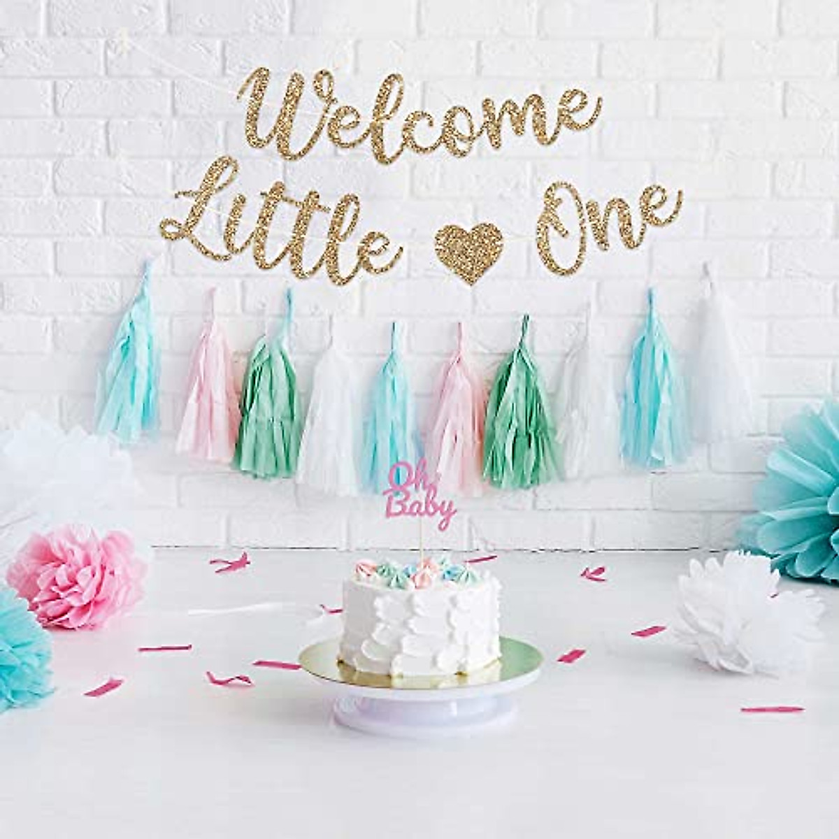 Pre-Strung Welcome Little One Banner - NO DIY - Gold Glitter Baby Shower Gender Reveal Party Banner in Script - Pre-Strung Garland on 6 ft Strand - Neutral Decorations & Decor. Did we Mention no DIY?