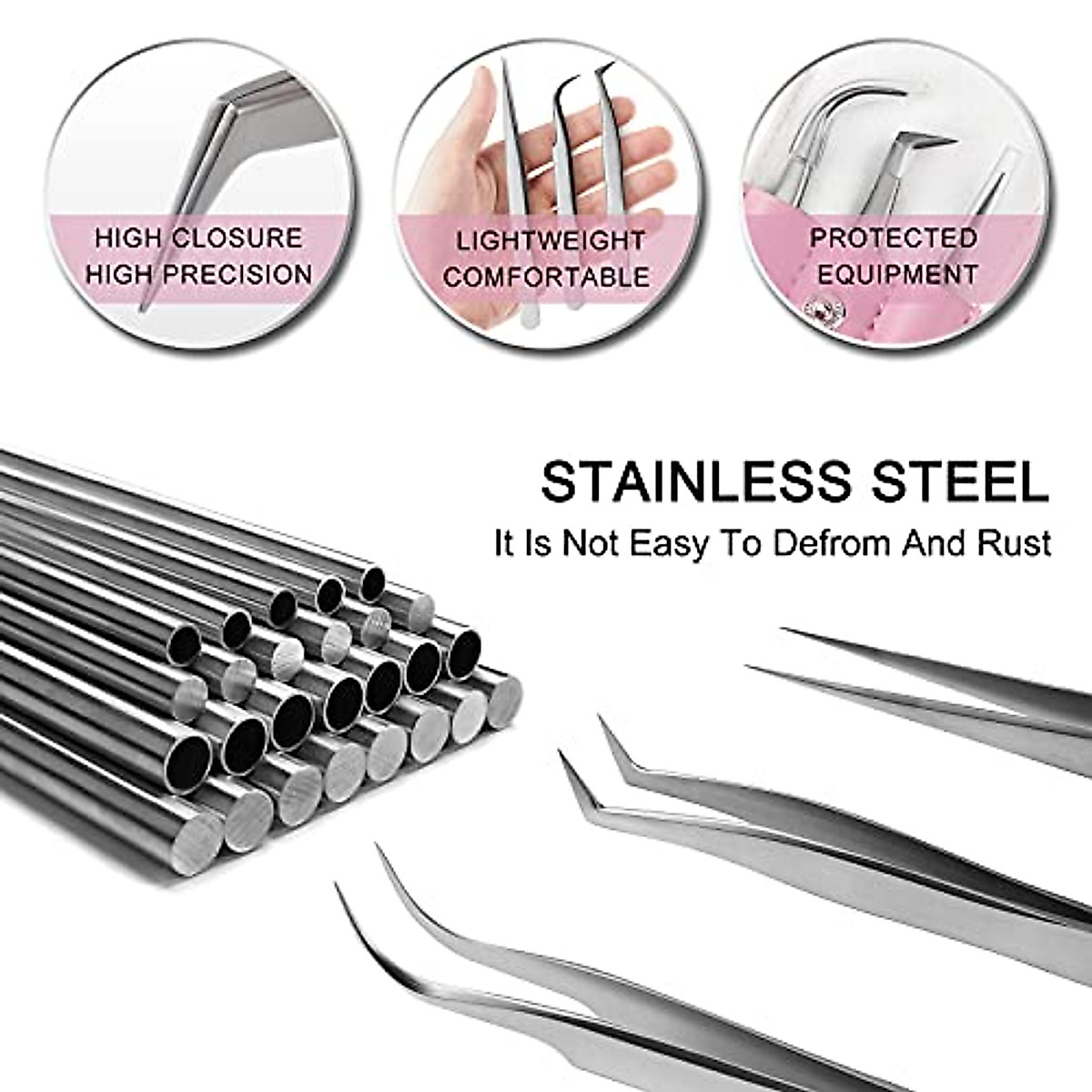 Quewel Eyelash Extension Tweezers Set Eyelash Applicator Tool Curved and Straight pointed Tweezers Lash Extension Supplies Stainless Steel Precision Tweezers Silver (Matte,3 pcs)