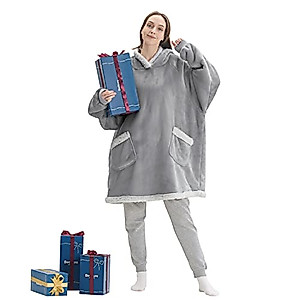 Bedsure Wearable Blanket Hoodie with Sleeves - Sherpa Hooded Blanket Adult as Gifts for Mom Women Girlfriend, Winter Sweatshirt Blanket Standard Grey