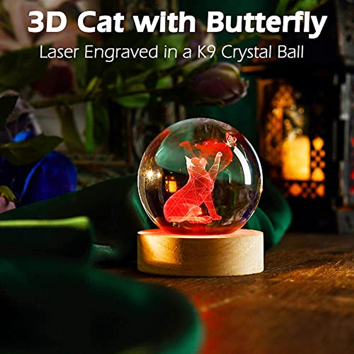 Cat Lover Gifts for Women 3D Cat Figurines in Crystal Ball 60mm Decor Cat Collectibles Snow Globes Gift Glass Sphere Home Decor with Wooden Light Base