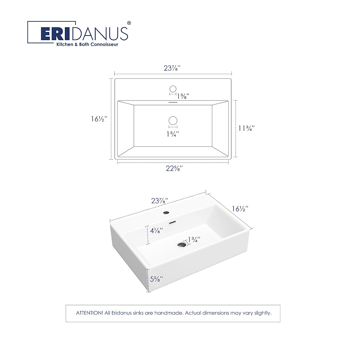24" x 16" Bathroom Sink Vessel Rectangle, Eridanus Hang Wall Mount Sinks Countertop Vanity Floating Trough Washbasin, Ceramic Porcelain Modern White Art Basin Bowl with Overflow