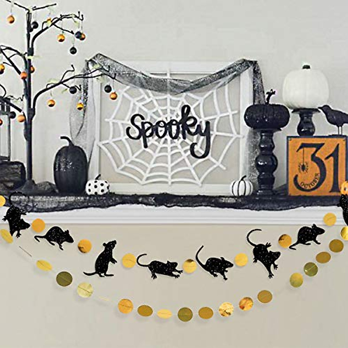 33 Ft Halloween Party Rat Banner Kit Double Sided Black Glitter Mice Gold Circle Dot Bunting Rats Garland Streamer for Happy Halloween Birthday Party Mouse Party Decorations Supplies