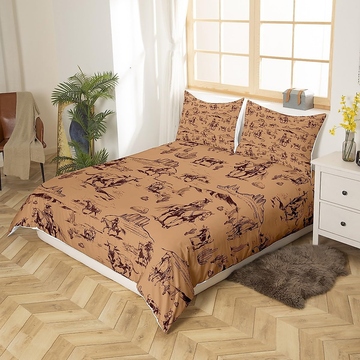 Kids Wild West Cowboy Bedding Set Full Size Western Decor Duvet Cover for Boys Girls Teens Bedroom Decor Rodeo Cowboy Style Comforter Cover Set Brown Bedspread Cover with 2 Pillow Case