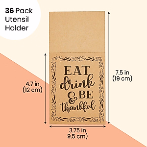 Thanksgiving Dinner Party Utensil Holder Pockets, Eat Drink & Be Thankful (36 Pack)