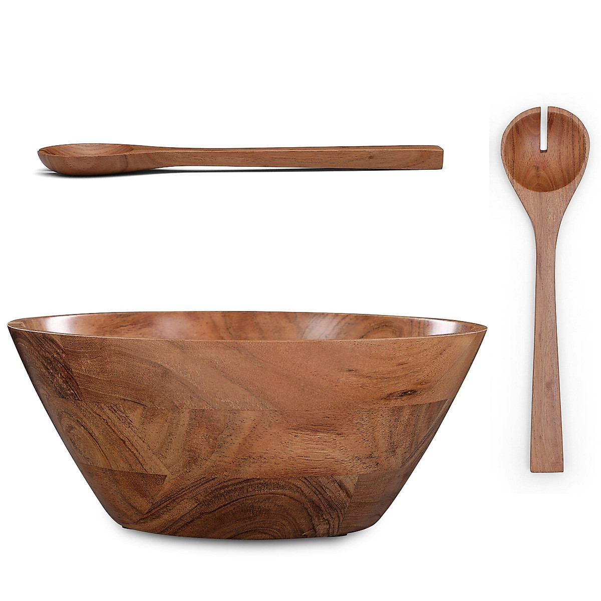 BIRDROCK HOME 3 Piece Wooden Salad Serving Bowl and Utensils | Acacia Wood Server Set | Salad, Fruit or Side Hands | Large