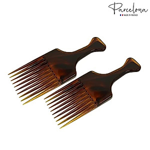 Parcelona French Afro Lift Tortoise Shell Brown Extra Large 6” Celluloid Set of 2 Salon Style Hairdressing Long Teeth Metal Free Hair Pick Combs for Women and Girls