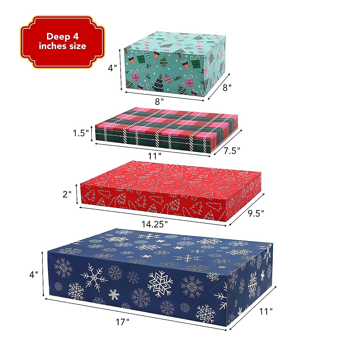 NUJOVI 13 Piece Christmas Gift Boxes with Lids - Beautiful Assorted Boxes for Wrapping Gifts with 4 inch Deep Robe Boxes and 8x8x4 Gift Box - Gift Boxes for Presents, Shirt, Robe, Lingerie, etc
