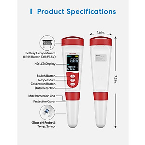 meross PH Meter, Digital PH Meter for Water Hydroponics with ATC, IP67 PH/Temp 2 in 1 Tester Pen with 0-14 PH Measurement Range, 0.01PH High Accuracy Mini Pen for Pool, Drinking Water and Aquarium